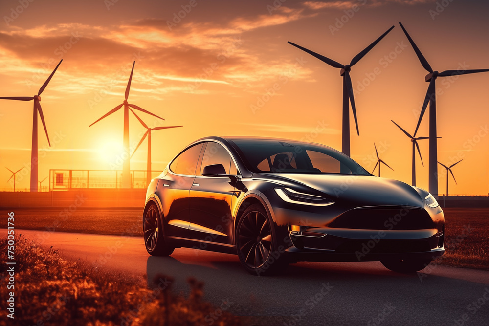 Electric Car in field with Wind turbines. EV electric car in Eolic park ...