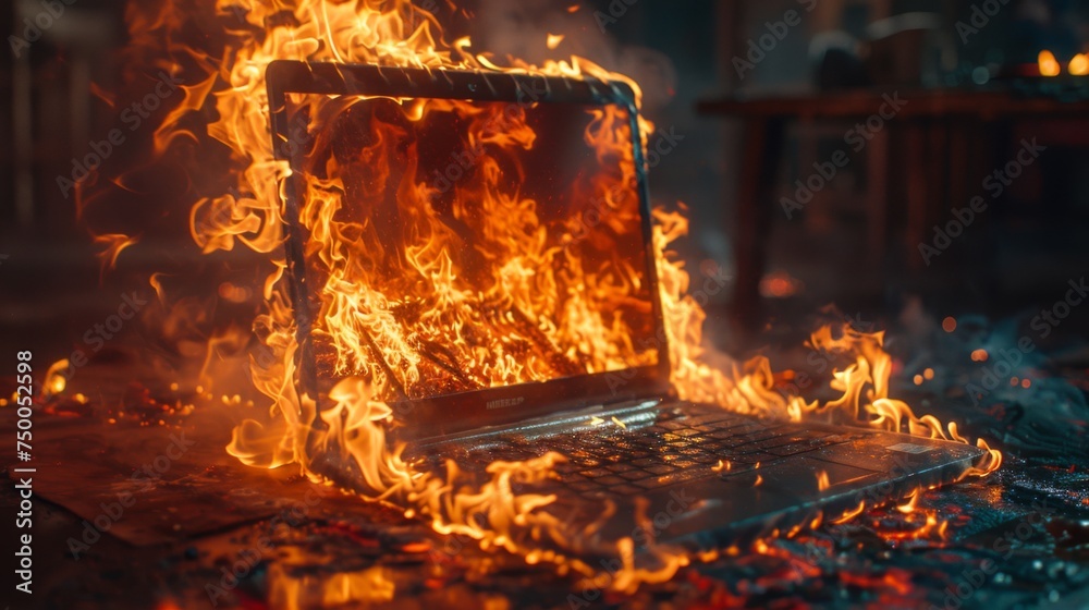 Burning laptop and keyboard, equipment fire due to faulty battery and ...