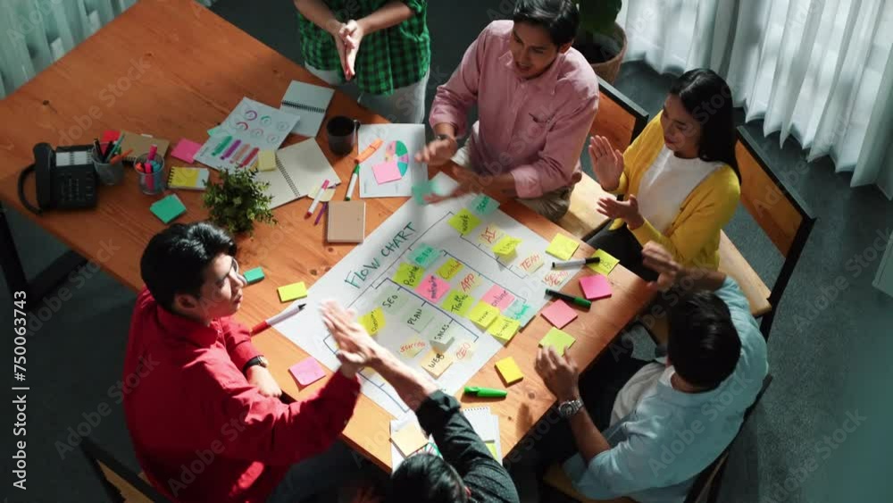Top down aerial view of professional business people hands making scrum ...