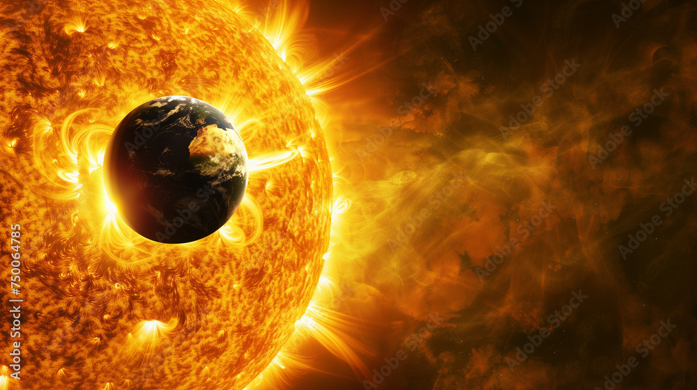 Earth move around near buring sun and blaze down on outer space ...