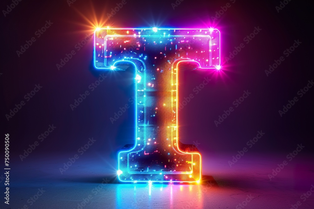 Letter T - colorful glowing outline alphabet symbol on blue lens flare ...