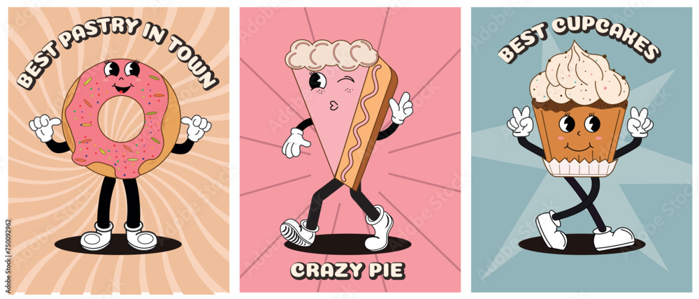 Retro poster with baked goods and donut mascot, funny colorful ...