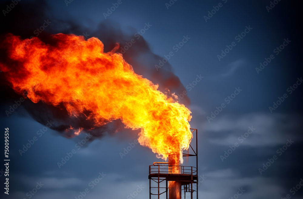 Natural gas refinery plant. Fire from pipe of Processing factory. Oil ...
