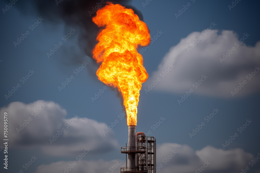 Natural gas refinery plant. Fire from pipe of Processing factory. Oil ...