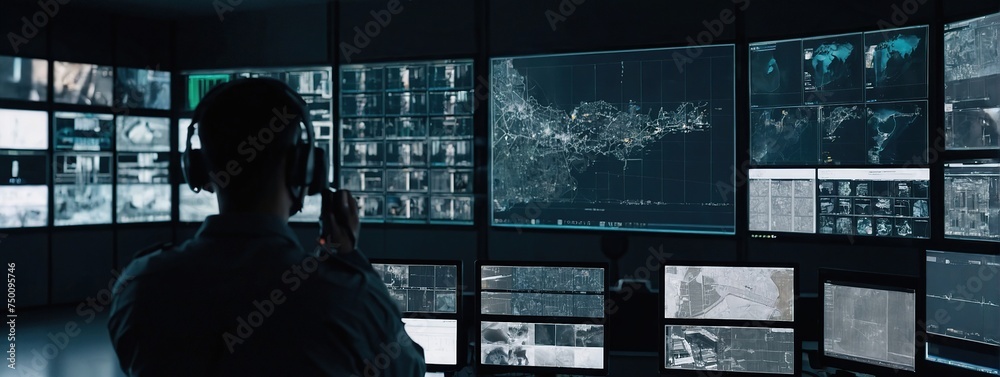 wide banner of security CCTV cameras and guard monitoring screen hud UI ...