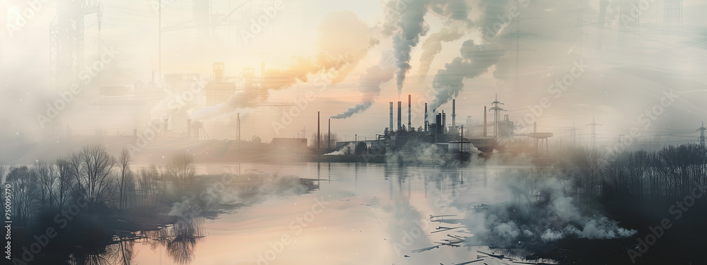 Double exposure of polluted river that merges with a smoking factory ...