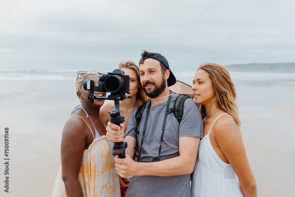 filmmaker, cameraman and photographer holds on a gymbal his mirrolens ...