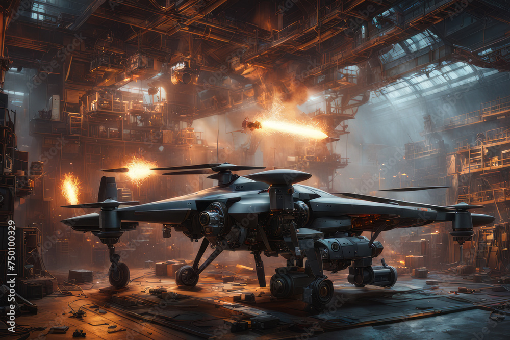 Drone weapon. Military technology, future wars. Automatic assembly Line ...