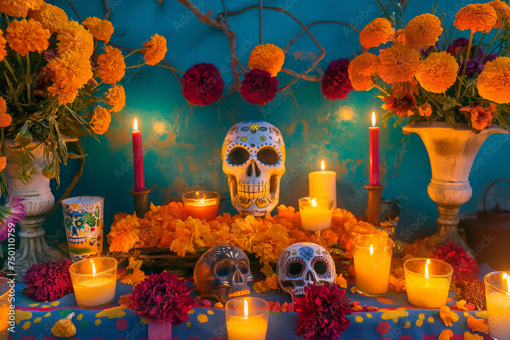 Colorful Dia de los Muertos altar with candles, sugar skulls, and ...