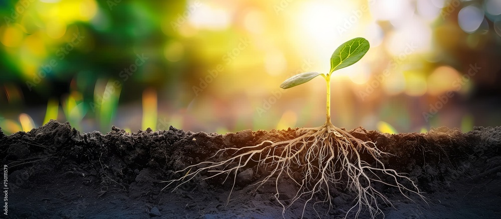 Growing Green seedling with roots in the soil underground. Concept of ...