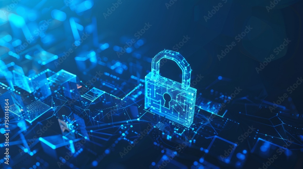 Blue vector illustration depicting a cyber safety padlock securing data ...