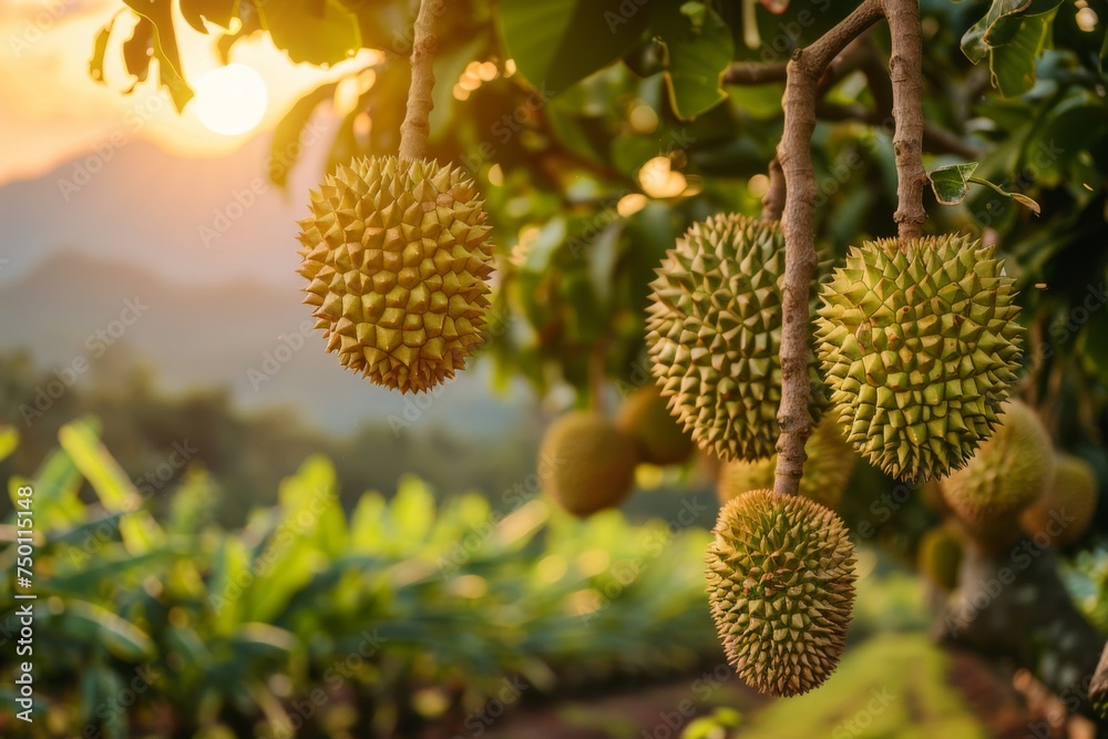 Durian fruit hanging from trees in orchard. A cluster of spiky durian ...