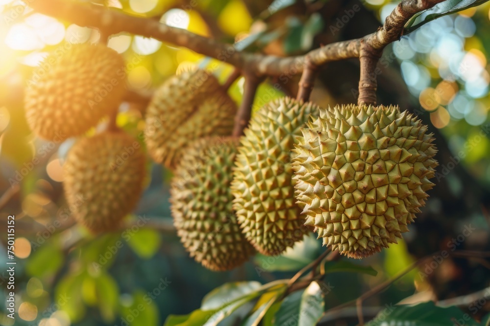 Durian fruit hanging from trees in orchard. A cluster of spiky durian ...