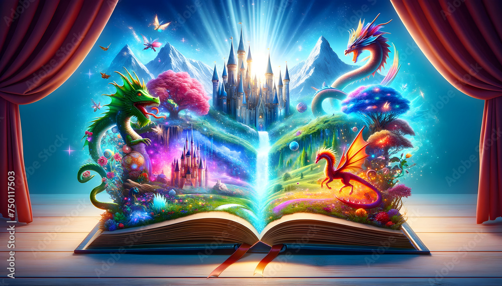 An open book with a fantasy world popping out, featuring castles ...