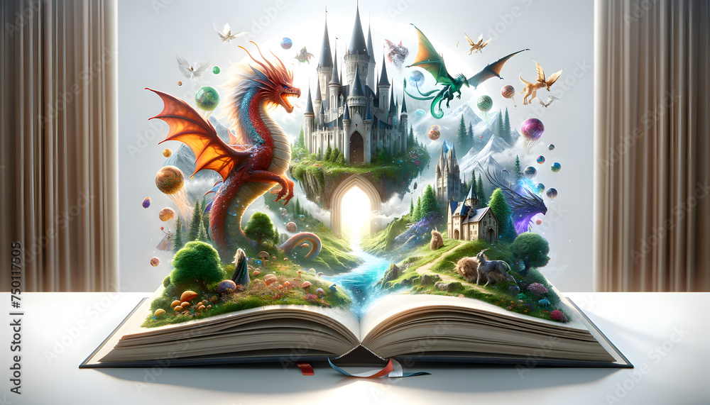An open book with a fantasy world popping out, featuring castles ...