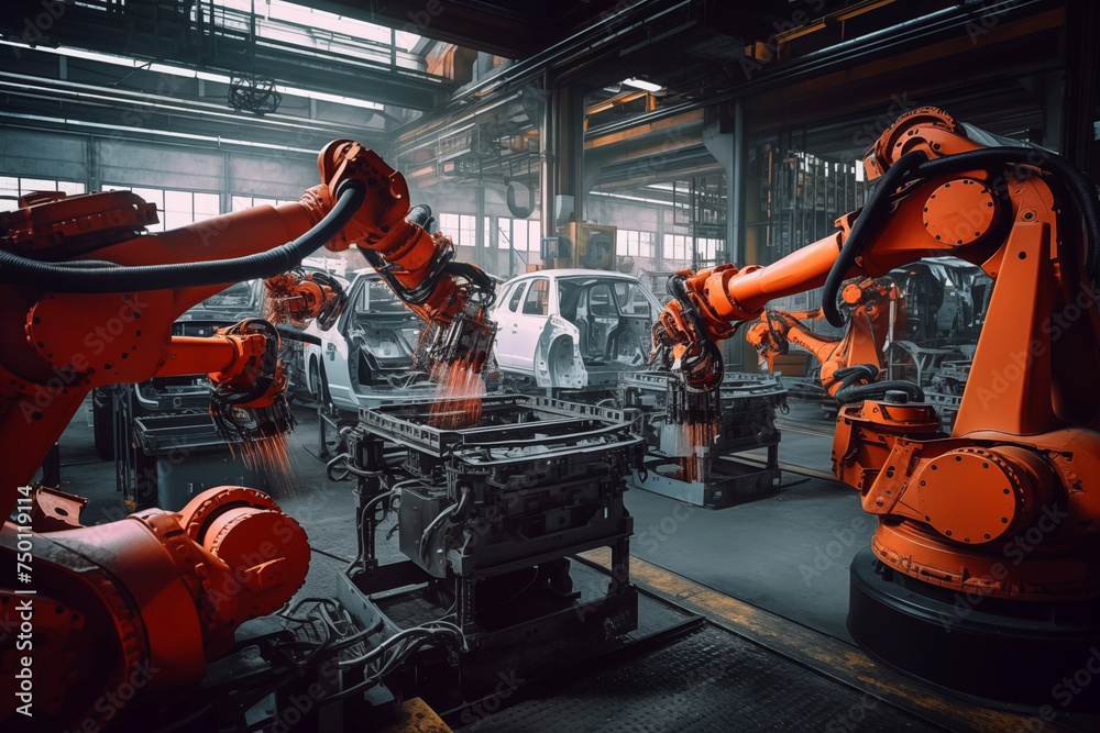 Robots in workshop of automobile plant. Automotive robotic factory ...