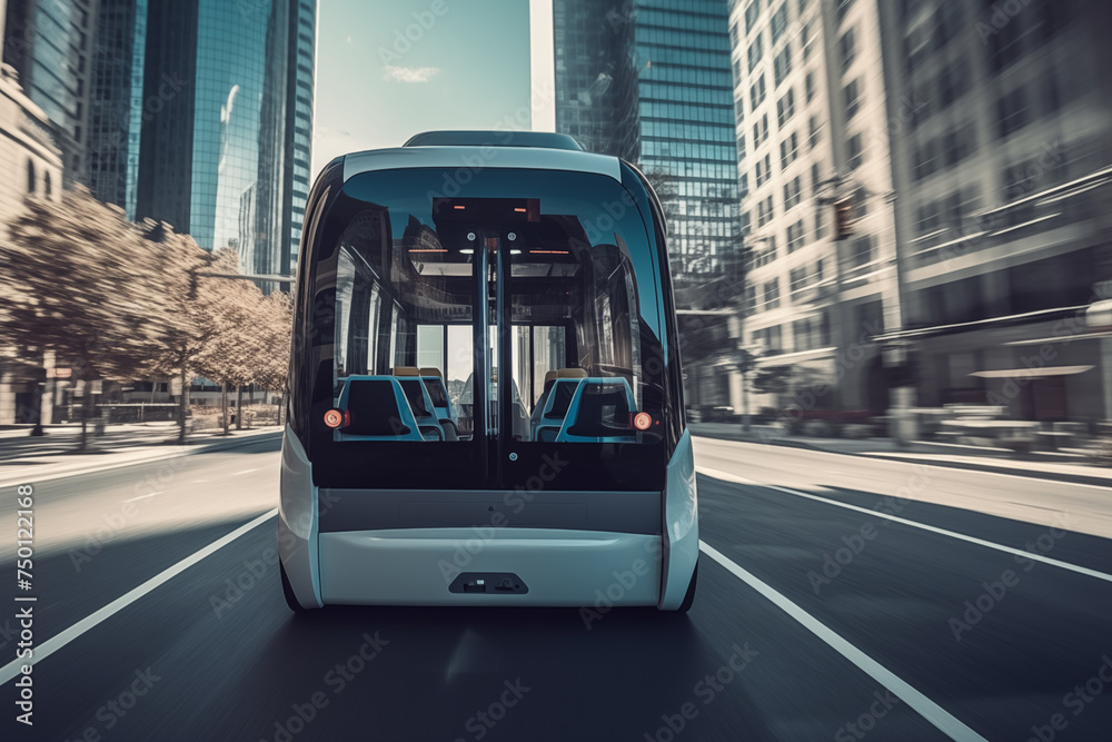 Self driving bus. Autonomous bus driving in city. Future Electric ...