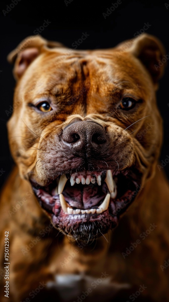 an angry aggressive pit bull close-up portrait looking direct in camera ...