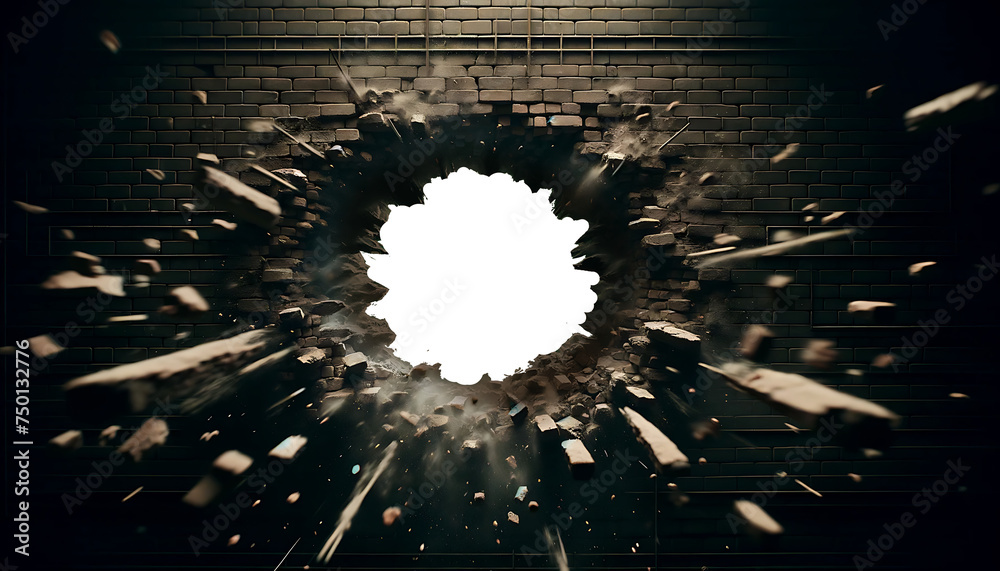Brick wall with a large hole in the middle. Concept of breaking through ...