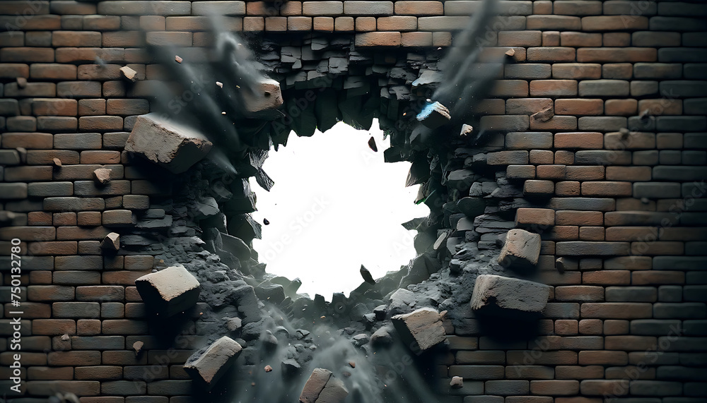 Brick wall with a large hole in the middle. Concept of breaking through ...