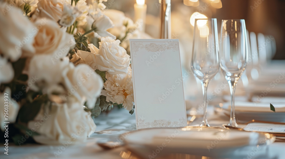 An opulent wedding reception table set with a pristine white floral ...