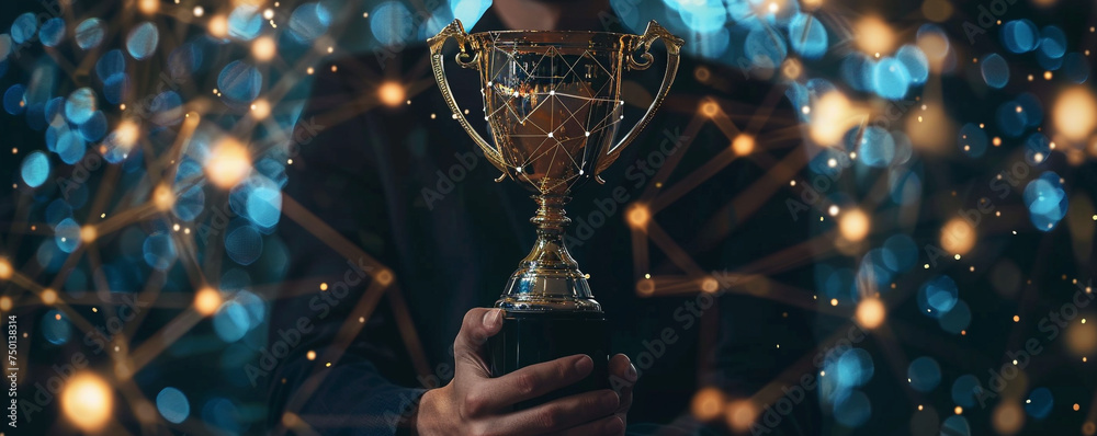 Businessman holding a trophy with quality and excellence icons ...