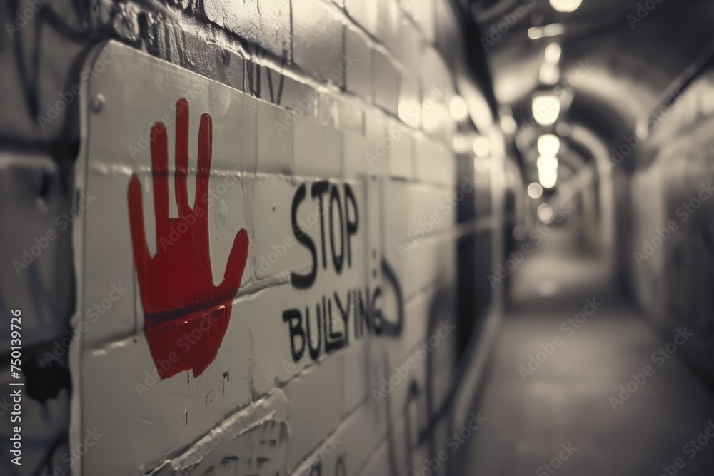 PAINTED WALL OF A TUNNEL. A RED HAND AND A "STOP BULLYING" MESSAGE ...