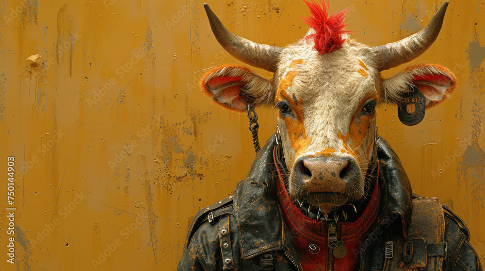 a statue of a bull wearing a leather jacket and a red mohawk is shown ...