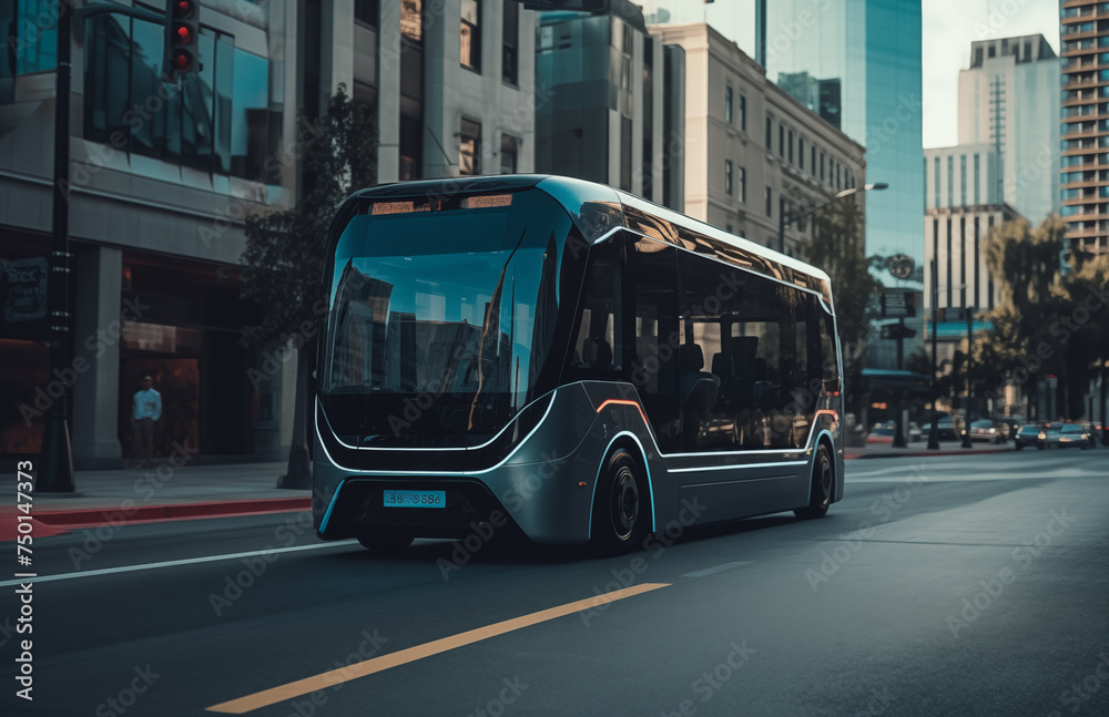 Self driving bus. Autonomous bus driving in city. Future Electric ...