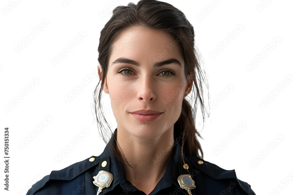 A serious portrait photo of a female police officer on a transparent ...