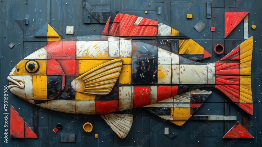a painting of a fish on the side of a building with different colors ...