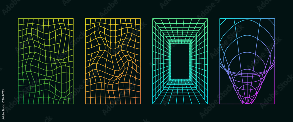 Bright neon gradient distorted grids set. Warped and curved wireframe ...