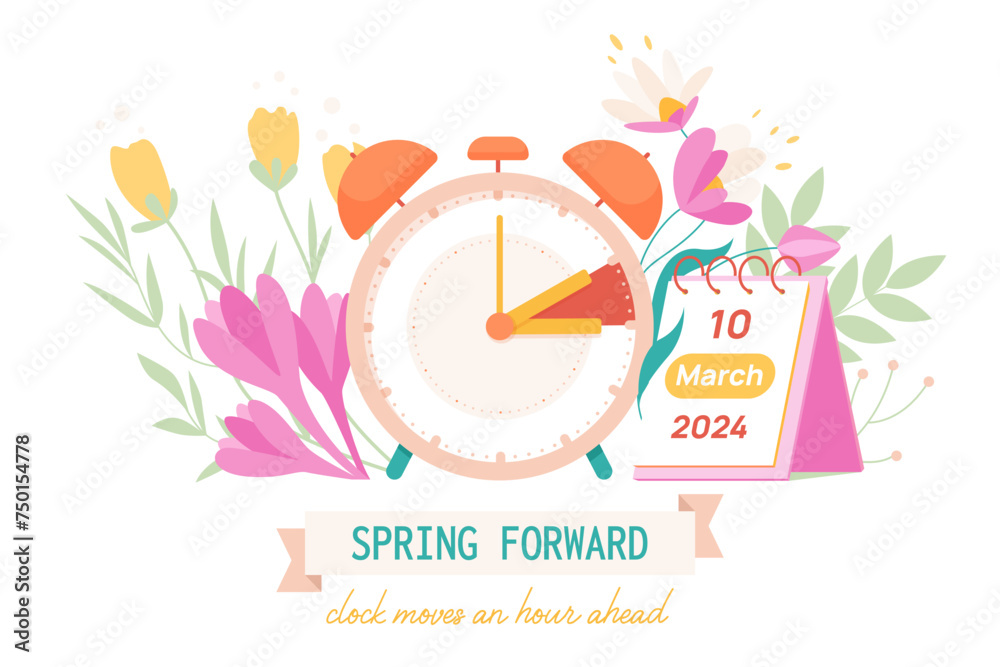 Spring Forward 2024. Daylight saving time information banner reminder ...