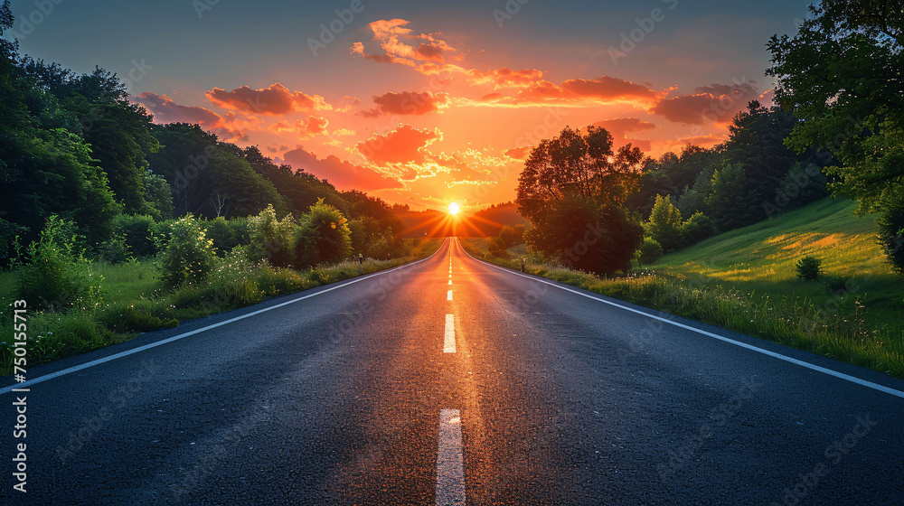 beautiful sun rising sky with asphalt highways road in rural scene use ...