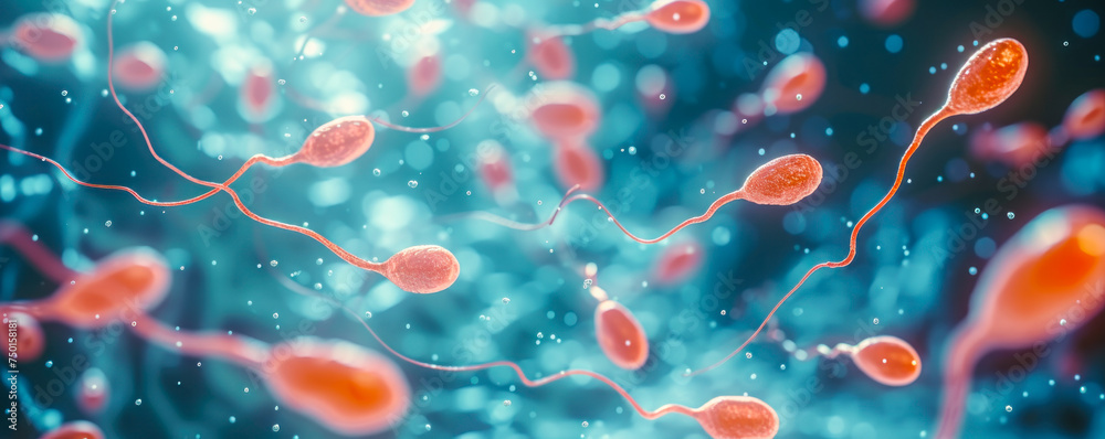 Detailed microscopic view of human sperm cells swimming actively ...