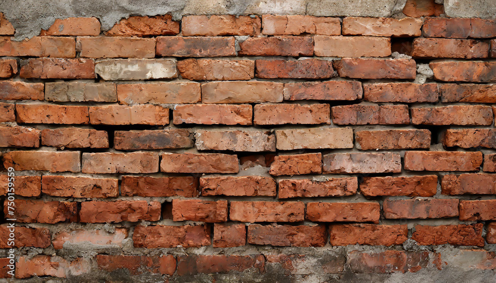 Fragment of old brickwork, close-up. Red brick wall. Potholes and ...