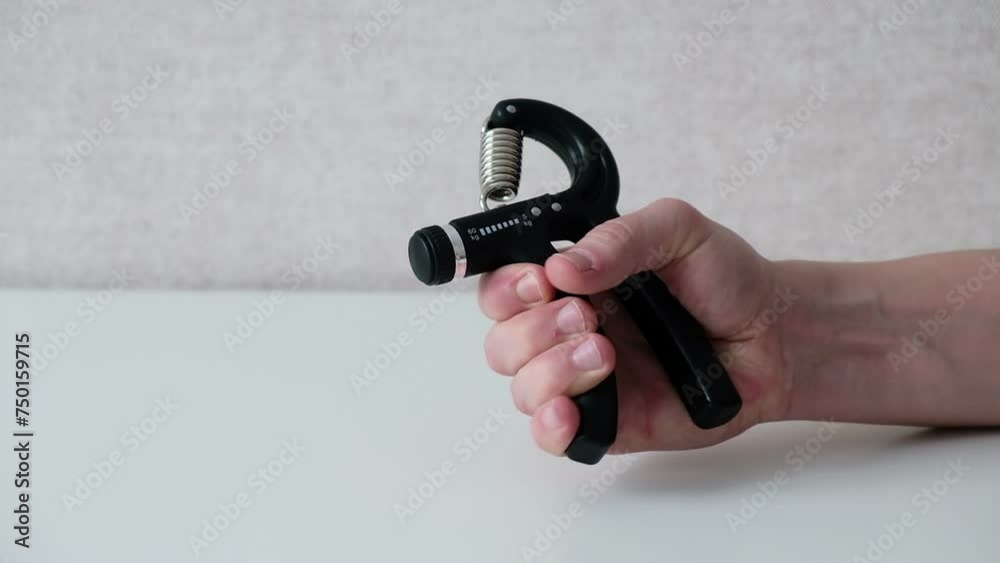 Physical therapy for the arm using an expander, a male hand close-up on ...