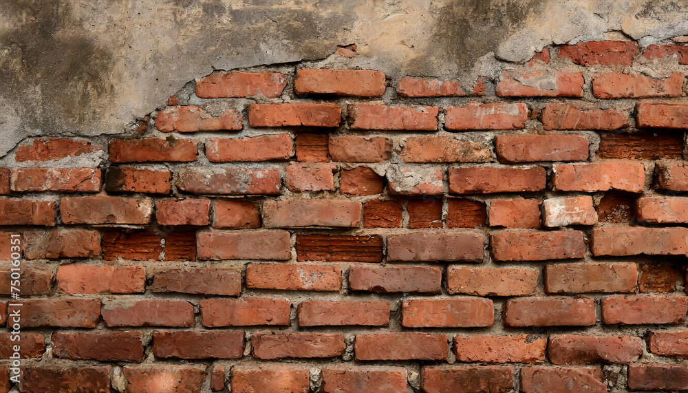 Fragment of old brickwork, close-up. Red brick wall. Potholes and ...