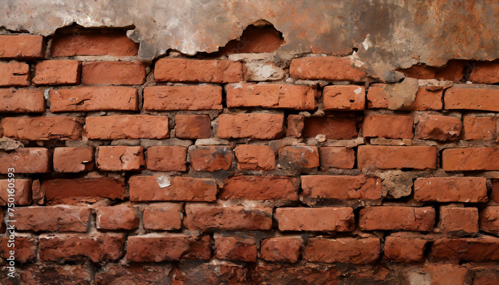 Fragment of old brickwork, close-up. Red brick wall. Potholes and ...