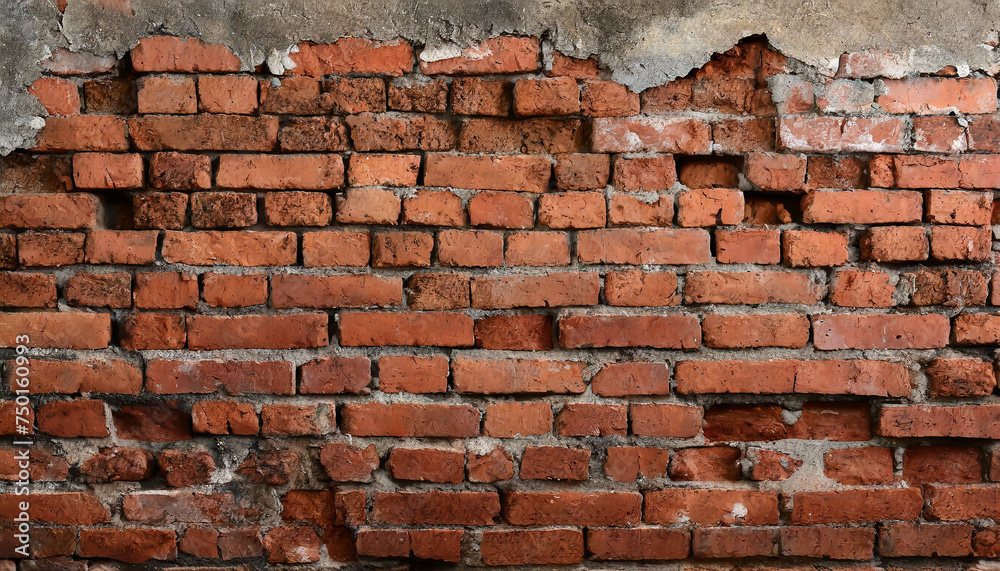 Fragment of old brickwork, close-up. Red brick wall. Potholes and ...