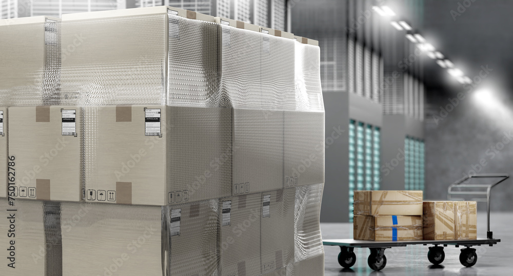 Cardboard boxes in warehouse. Storage space. Warehouse is divided into ...