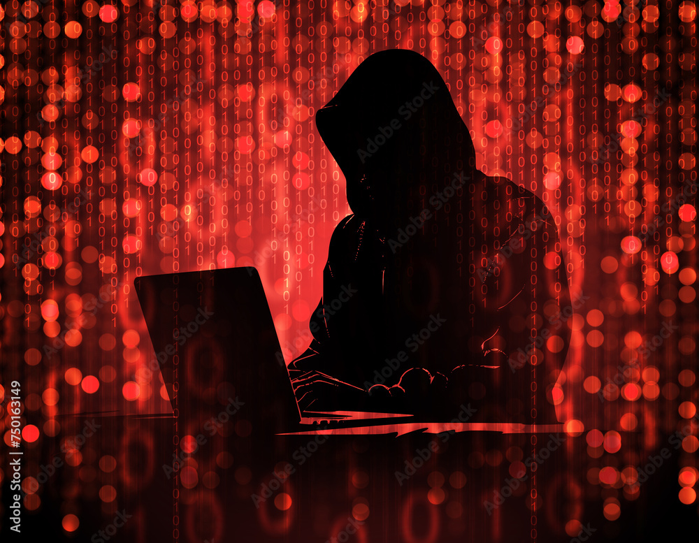 Hacker background. Silhouette of computer burglar with laptop. Male ...
