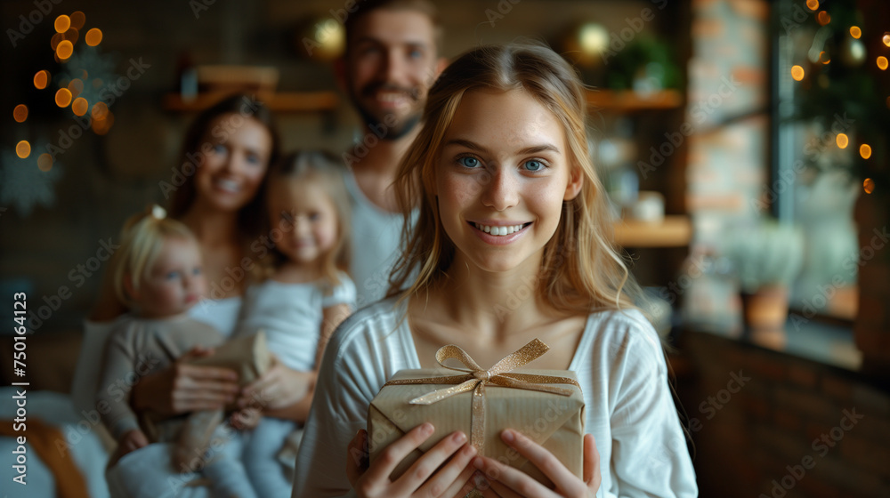 Jeune fille fêtant son anniversaire en famille, elle reçoit un cadeau ...
