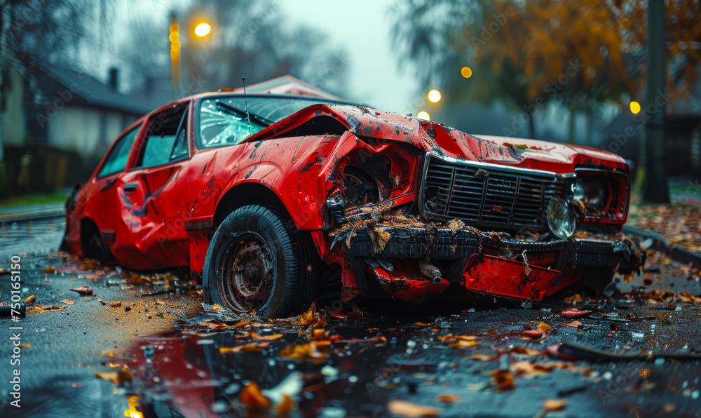 Close-up of a wrecked car's damaged front side after a severe road ...