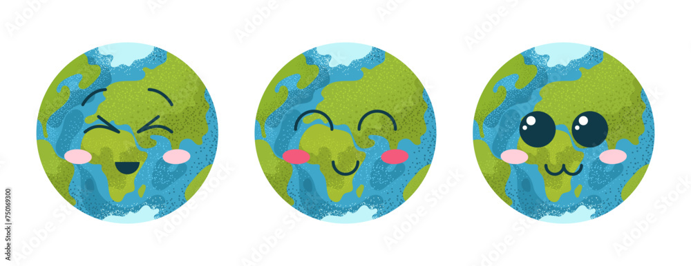 Happy Earth Day. Set of flat emoji planet Earth. Bundle with mascot ...