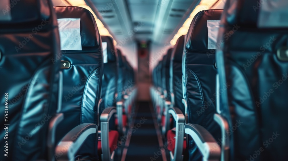 Rows of seats line the interior of an airplane cabin, forming the ...
