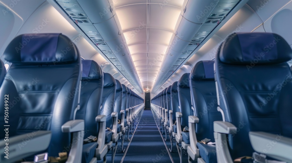 The view captures the aisle between rows of passenger seats aboard an ...