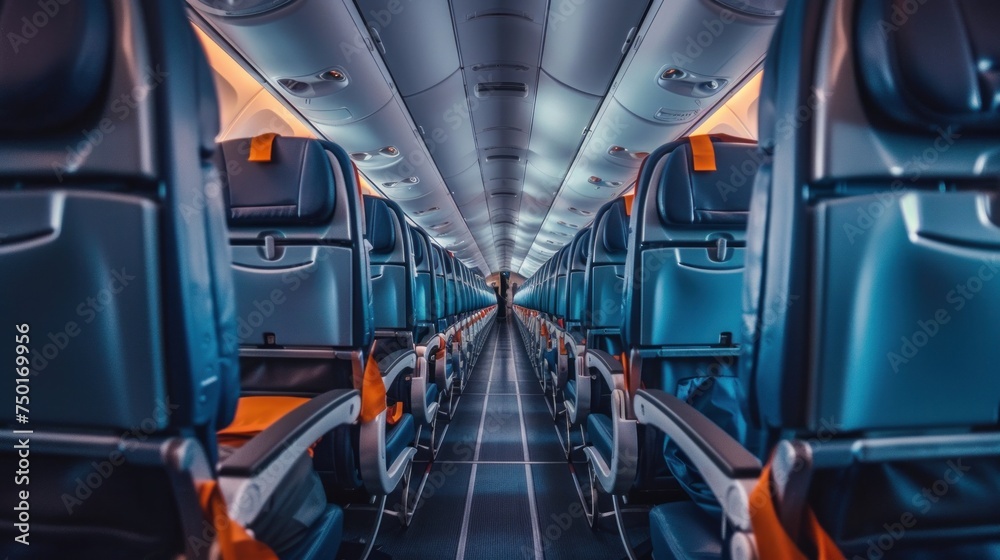The view captures the aisle between rows of passenger seats aboard an ...