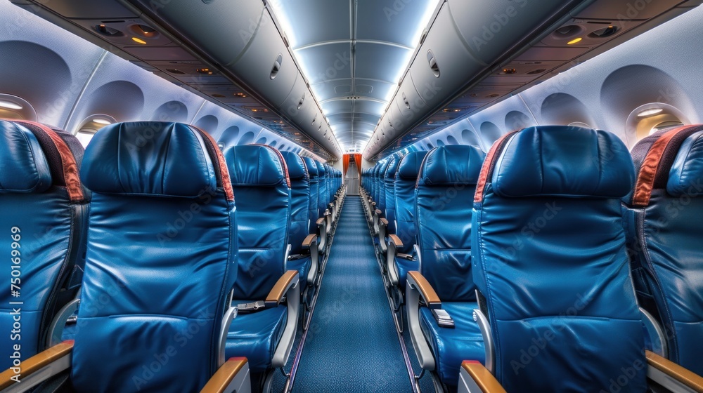The view captures the aisle between rows of passenger seats aboard an ...