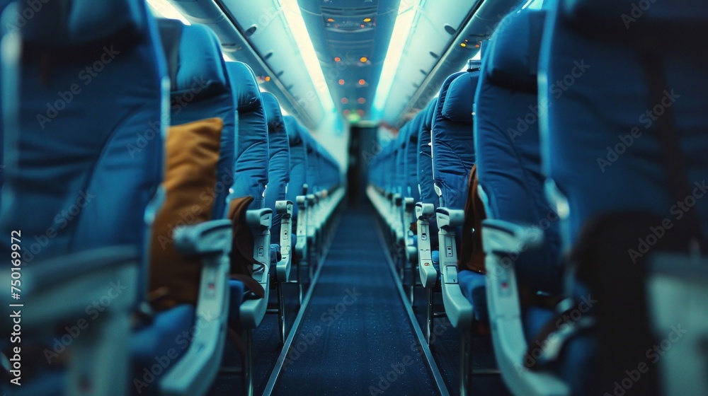 The view captures the aisle between rows of passenger seats aboard an ...